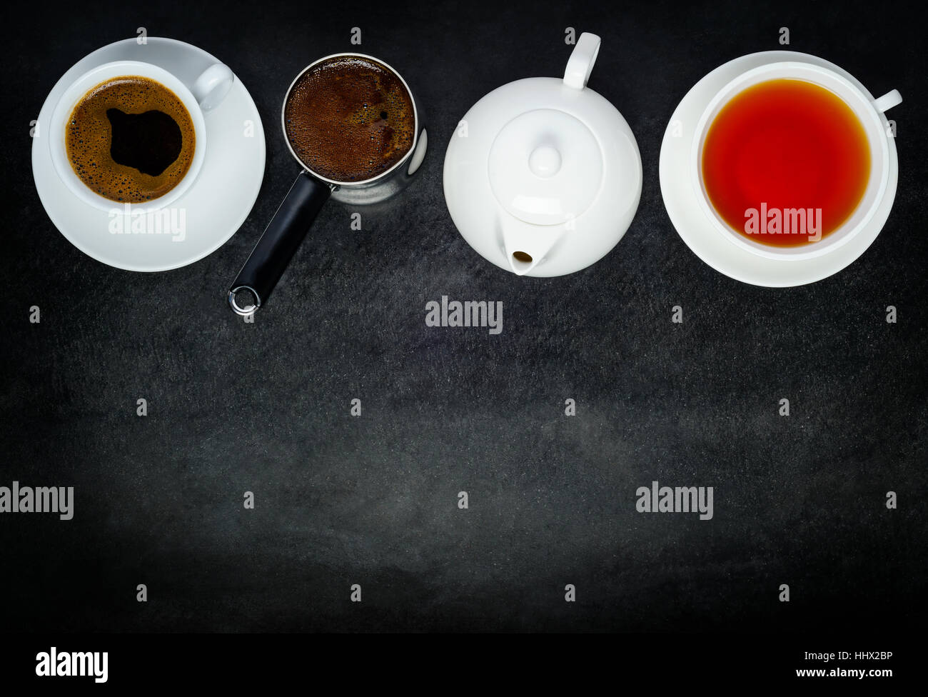 Coffee and Tea in Cups with White Teapot and Coffee Pot on Copy Space ...