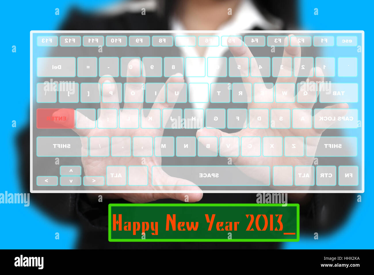 Business Woman typing Happy New Year 2013 on Virtual Keyboard Stock ...
