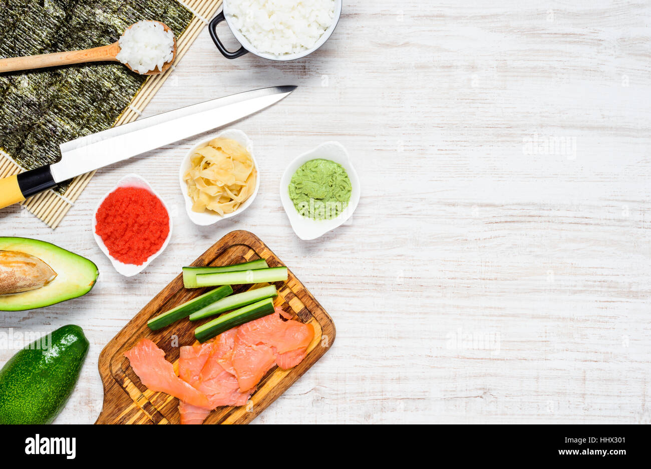 Cooking Japanese Sushi Rolls with Ingredients and Copy Space Stock ...