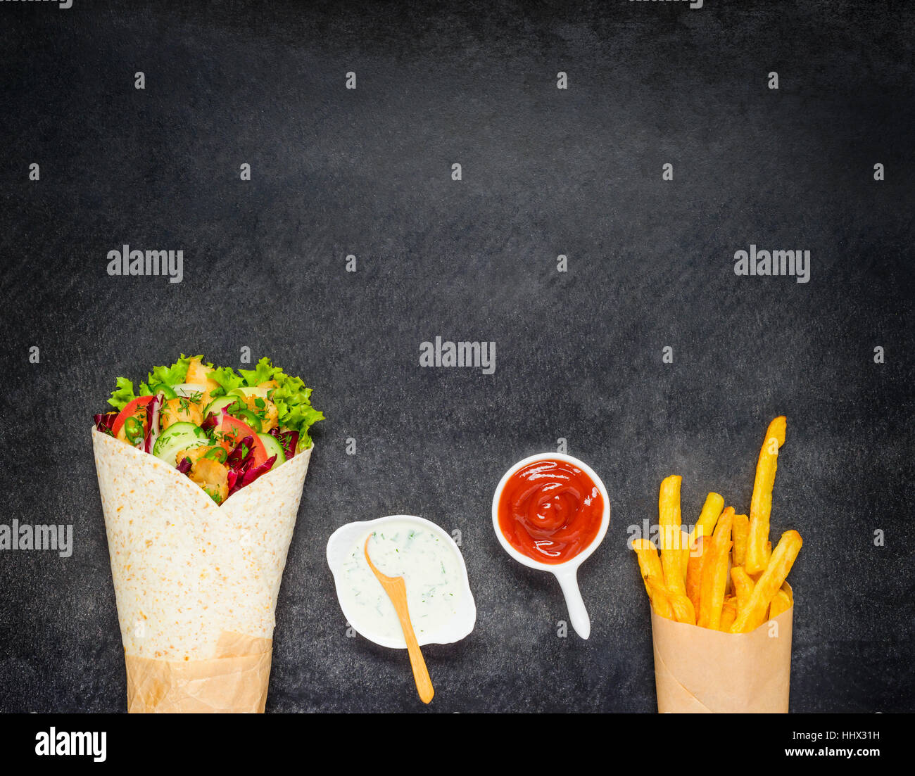 Arab Cuisine Shawarma Sandwich with French Fries and Ketchup on Copy ...