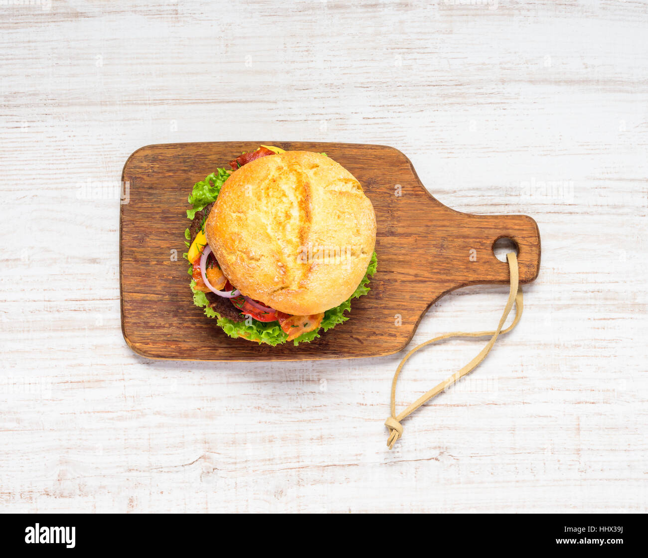 Top View of Tasty Looking Burger Sandwich with meat, vegetables and ...