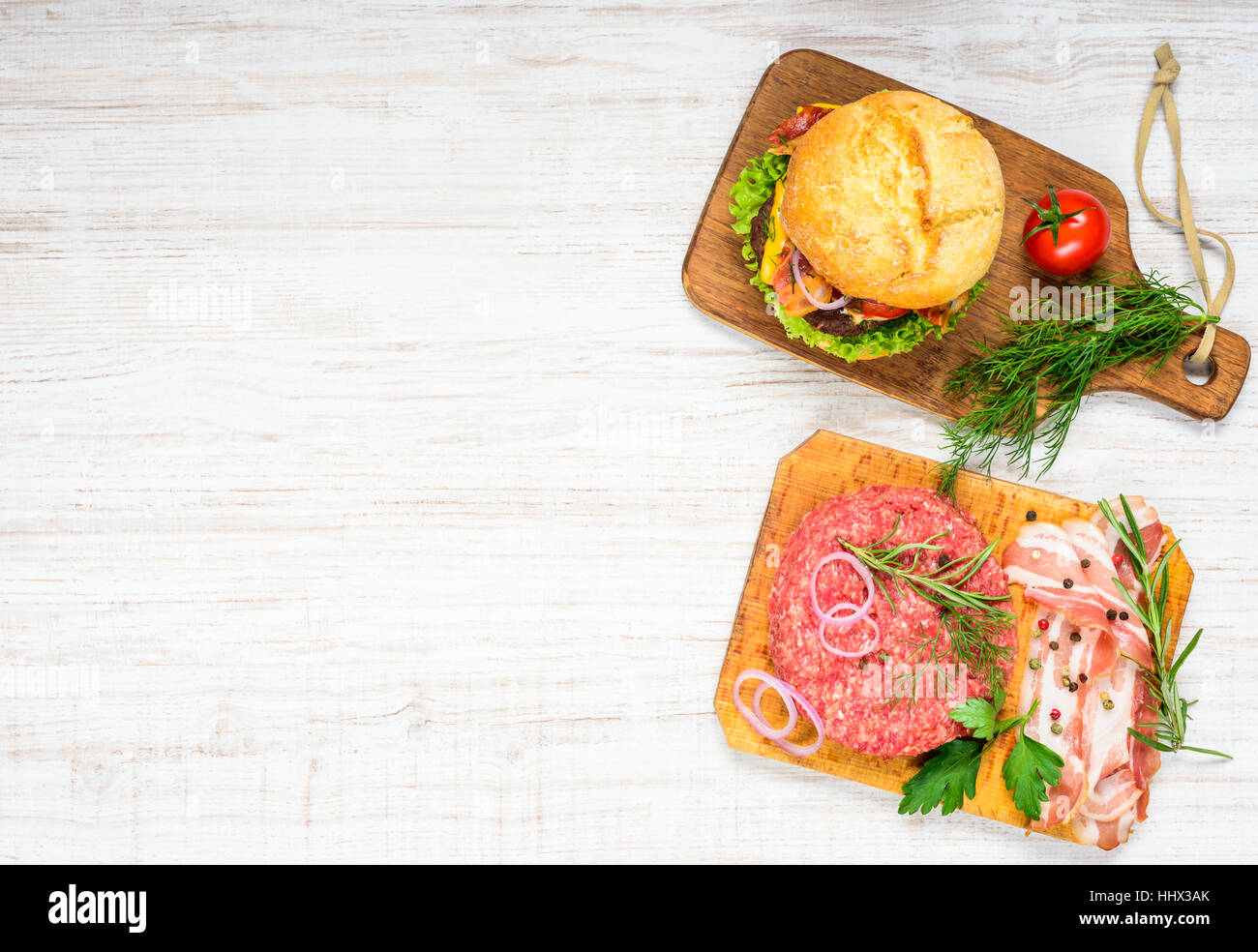 Copy Space Area with Fast Food Burger Sandwich and Raw Ground Meat ...