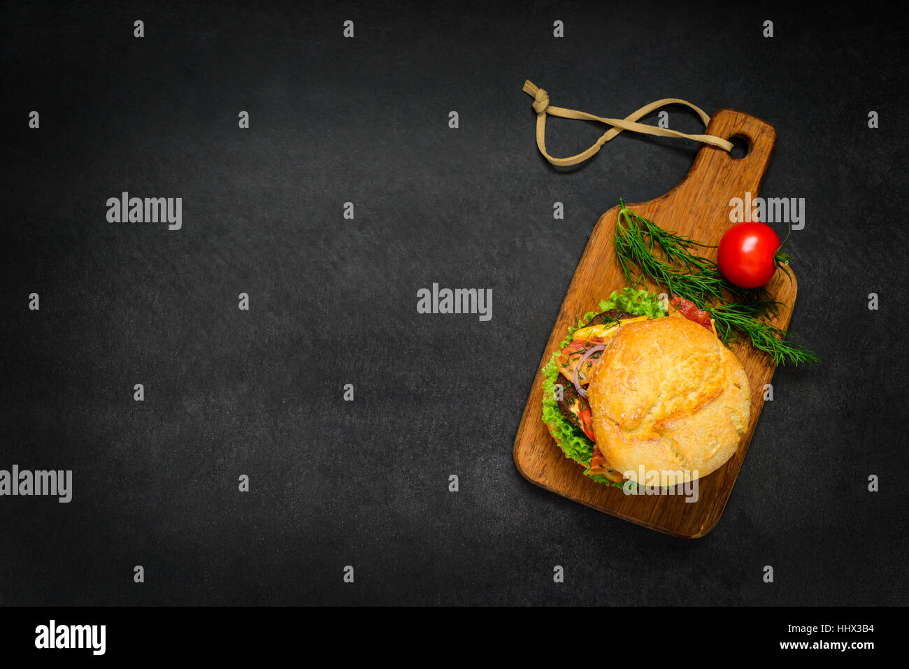 Top View of Burger Sandwich Bun with Meat and Vegetables and Copy Space ...