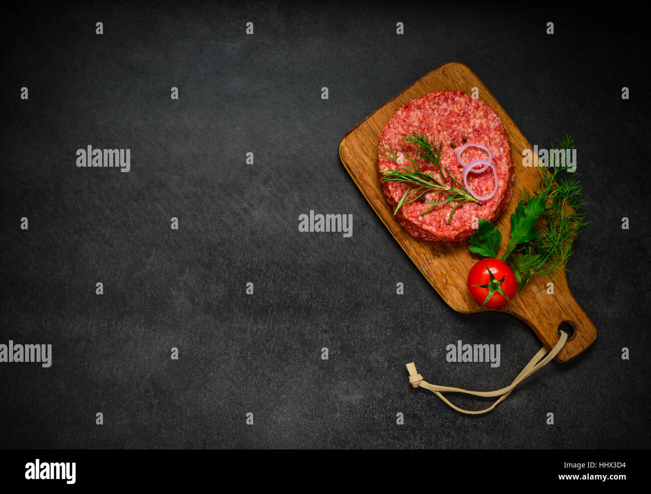 Top View of Raw Ground Beef Burger Meat with condiments and Copy space ...