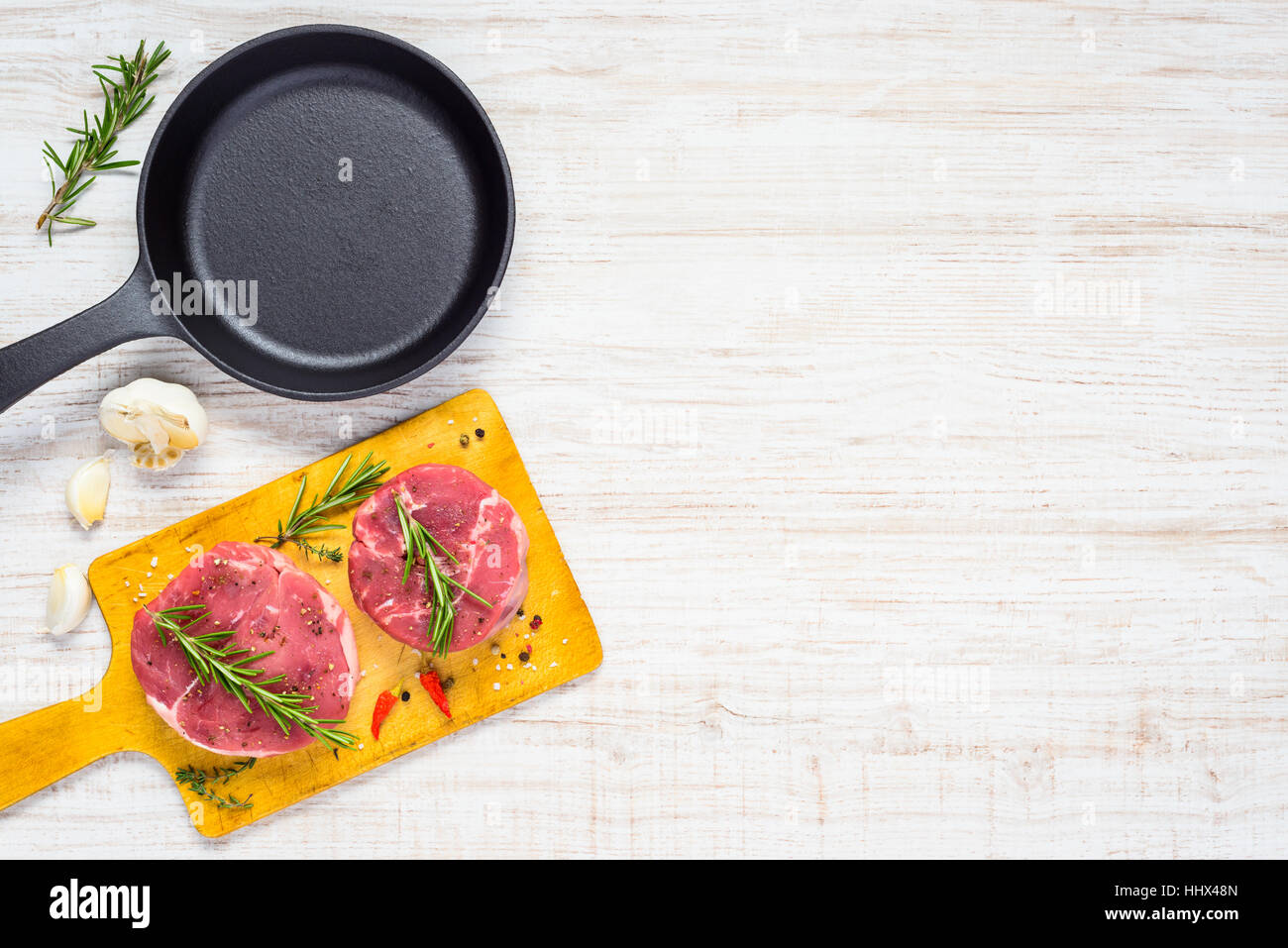 Copy Space Area of Frying Pan with Raw meat and Vegetables in Top View ...