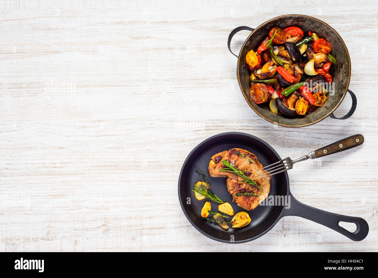 Copy Space Area with Frying Pan and Grilled Steak Meat and Vegetables ...