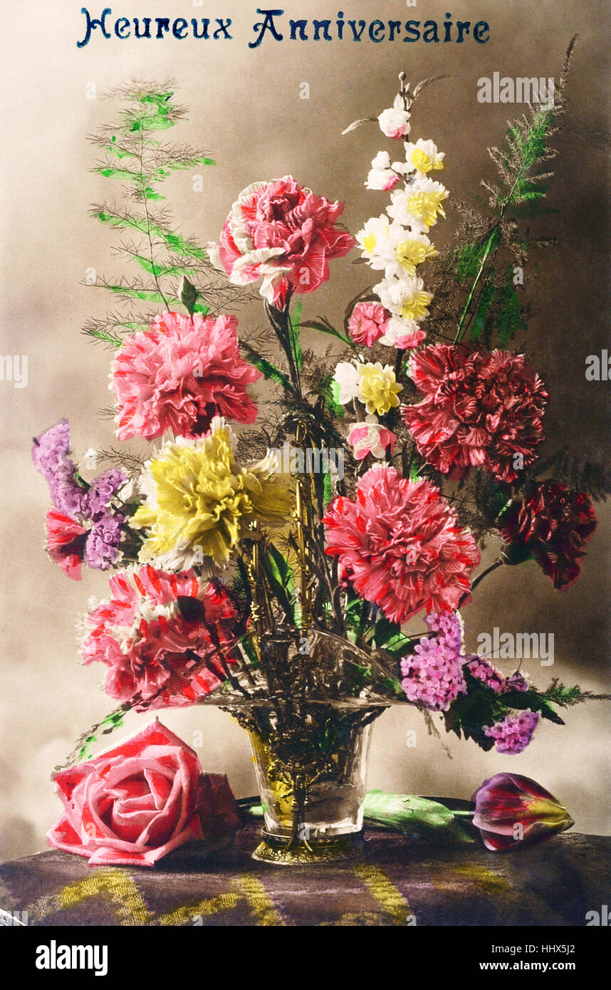 old postcard with a bouquet of flowers for a happy birthday Stock Photo ...