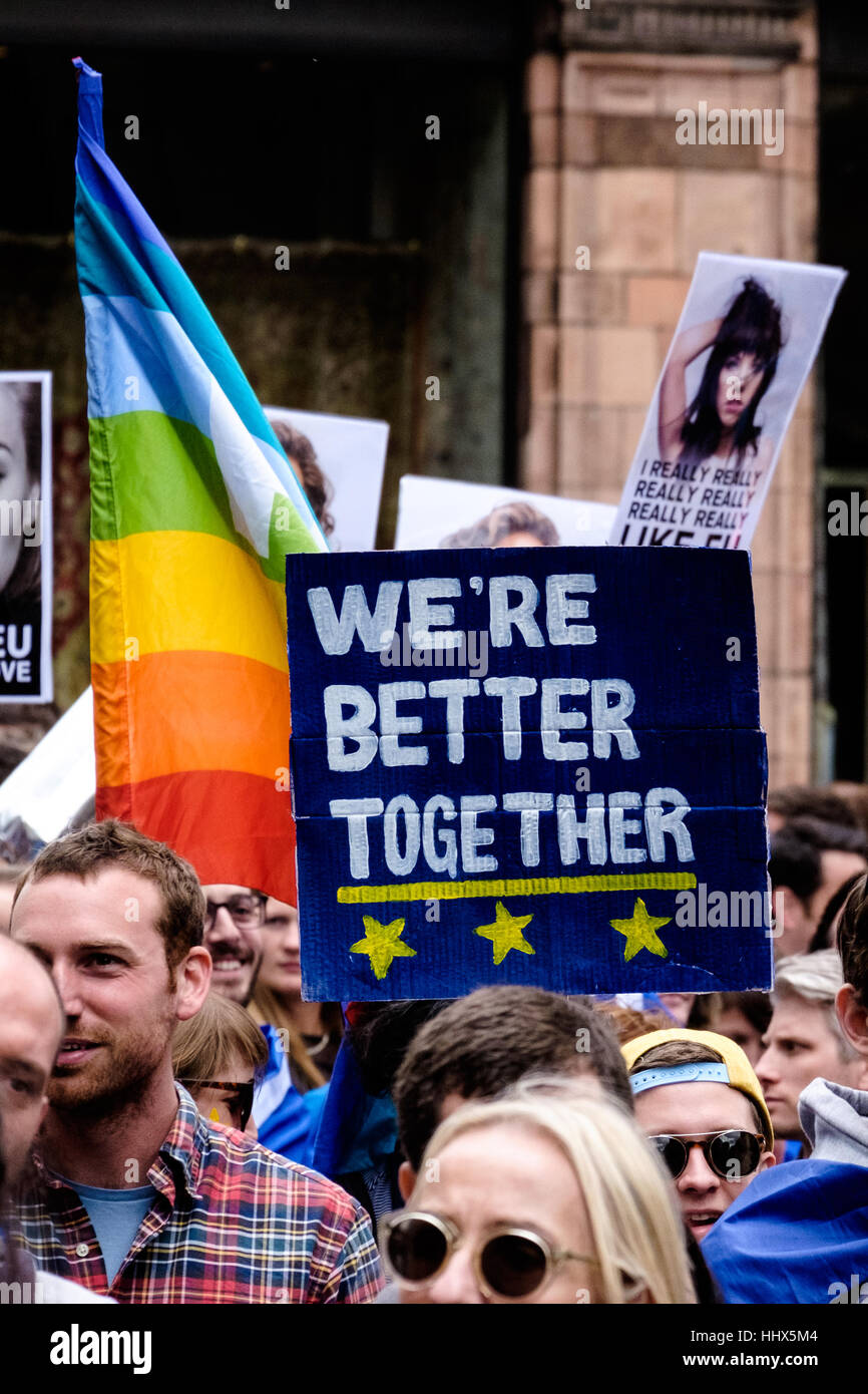 Protesters and protest sign with slogan We're better together Stock ...