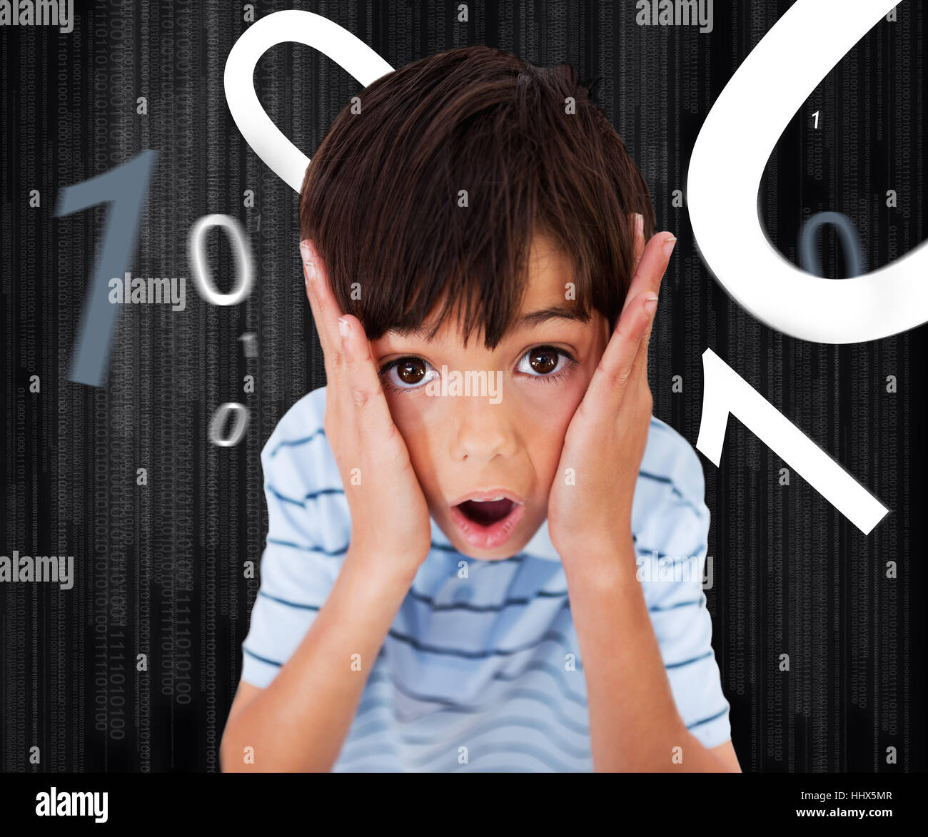 Little Boy looking scared against black background with numbers Stock ...