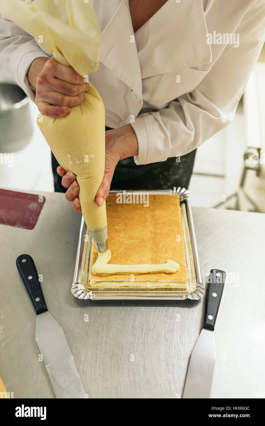 Female pastry chef decorating dessert in the kitchen. Cooking Concept ...