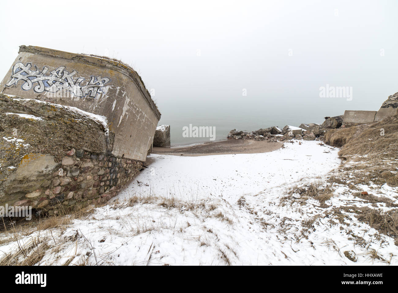 old war fort ruins on the beach in winter. Liepaja, Latvia Stock Photo ...
