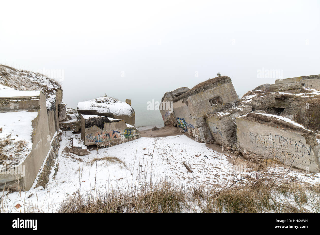 old war fort ruins on the beach in winter. Liepaja, Latvia Stock Photo ...