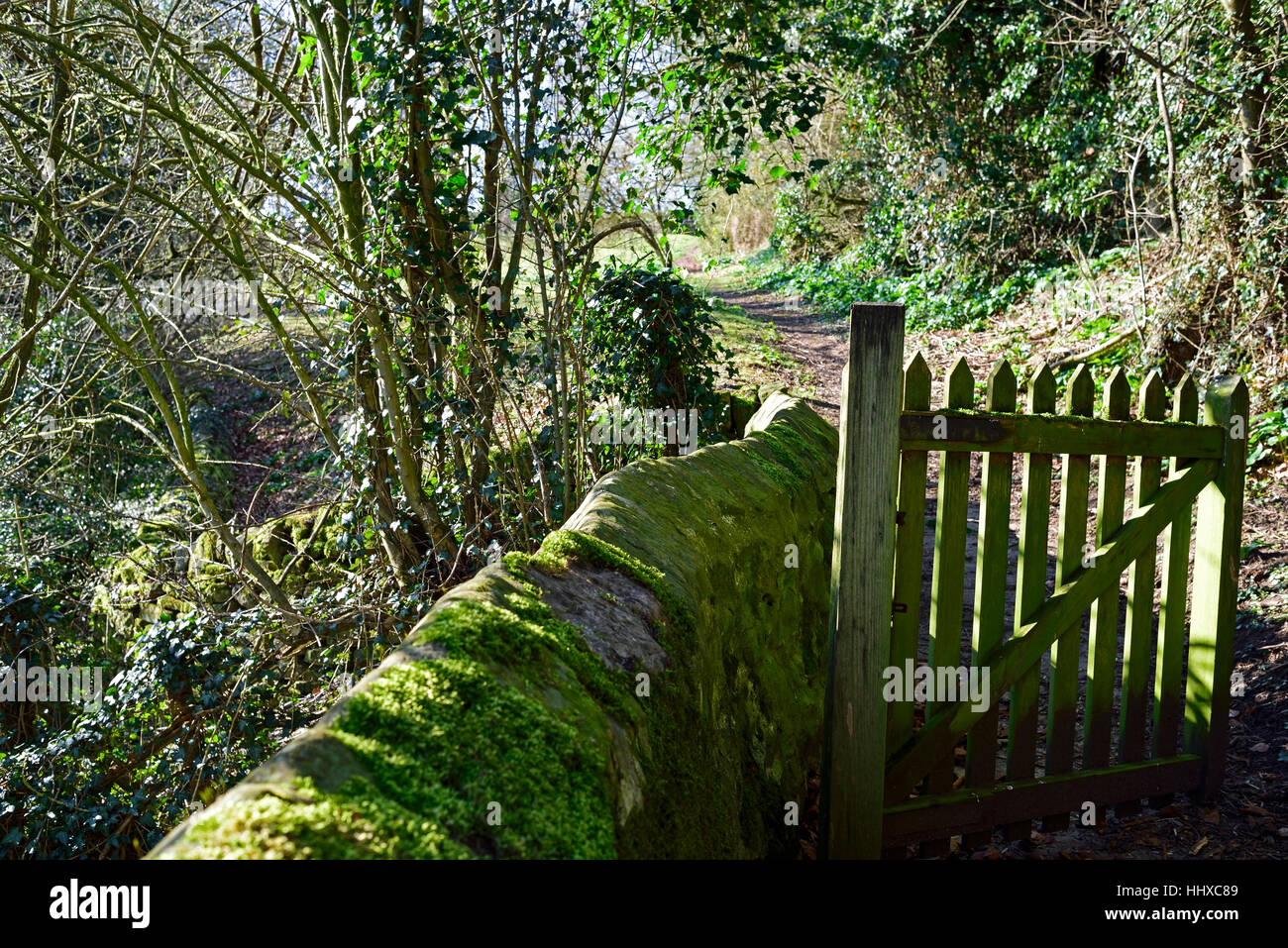 Gate leading onto path off B6277 by the River Tees at Barnard Castle, a ...