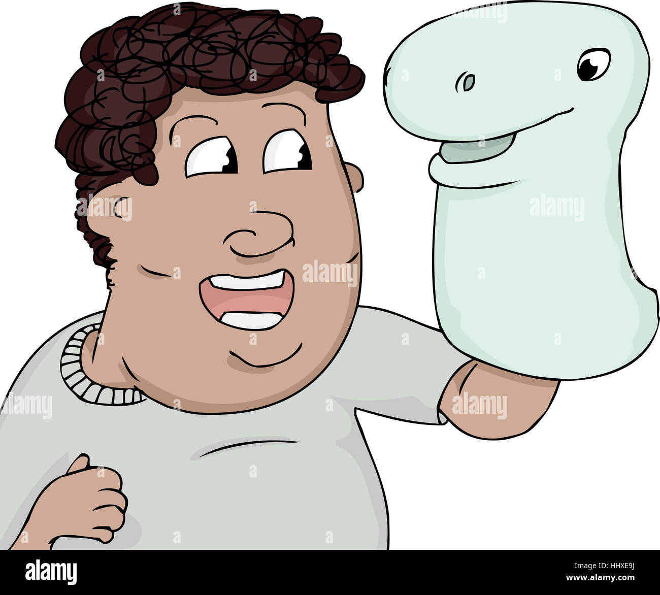Smiling young puppeteer with hand puppet over white background Stock ...