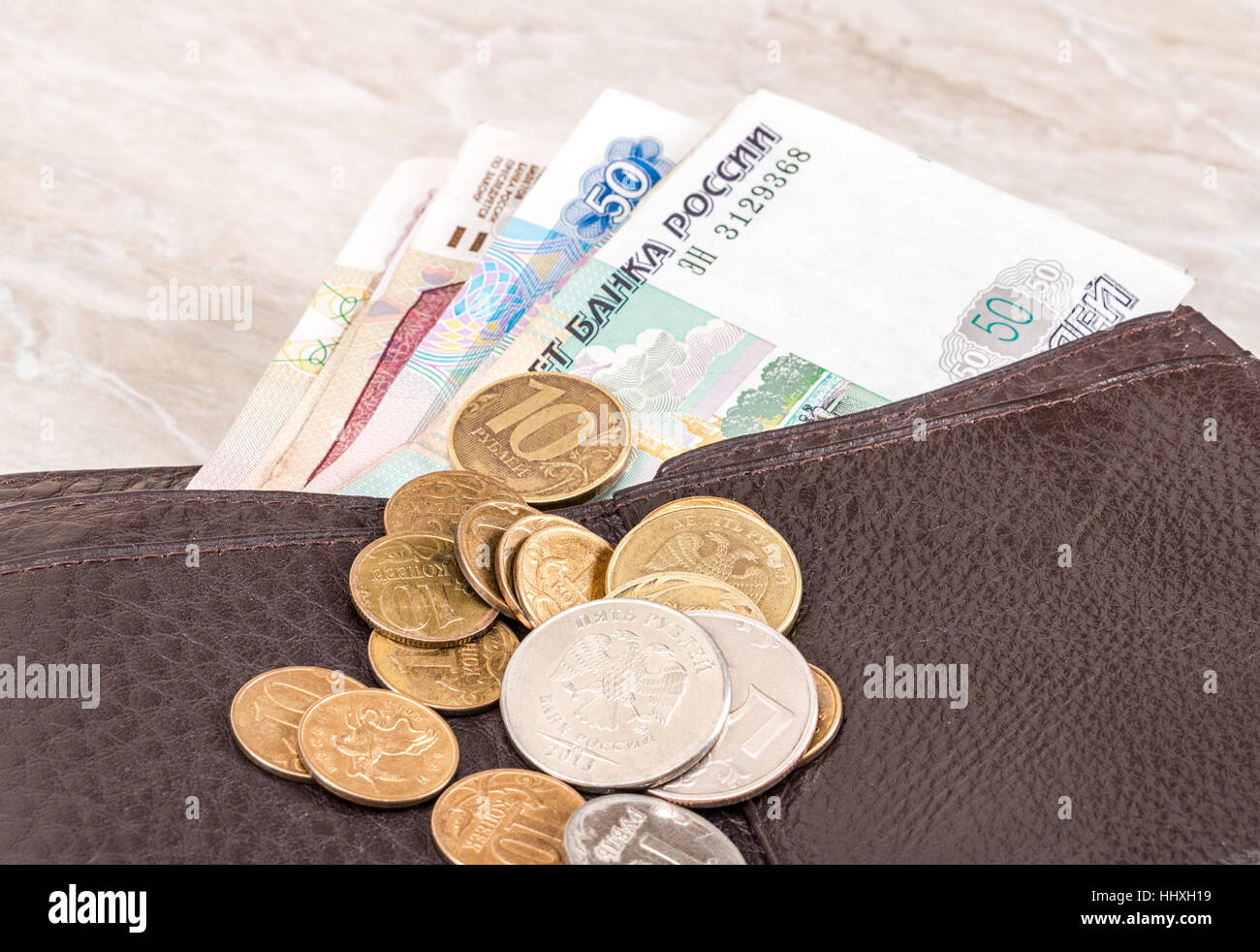 Wallet open with russian rubles banknotes and coins sticking out Stock ...