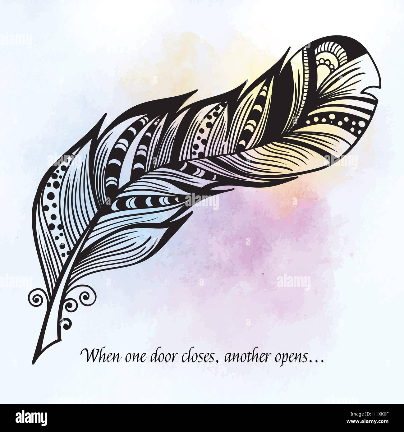 Vector hand-drawn black white decorative feather with typography ...