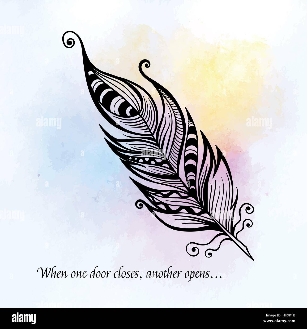 Vector hand-drawn black white decorative feather with typography ...