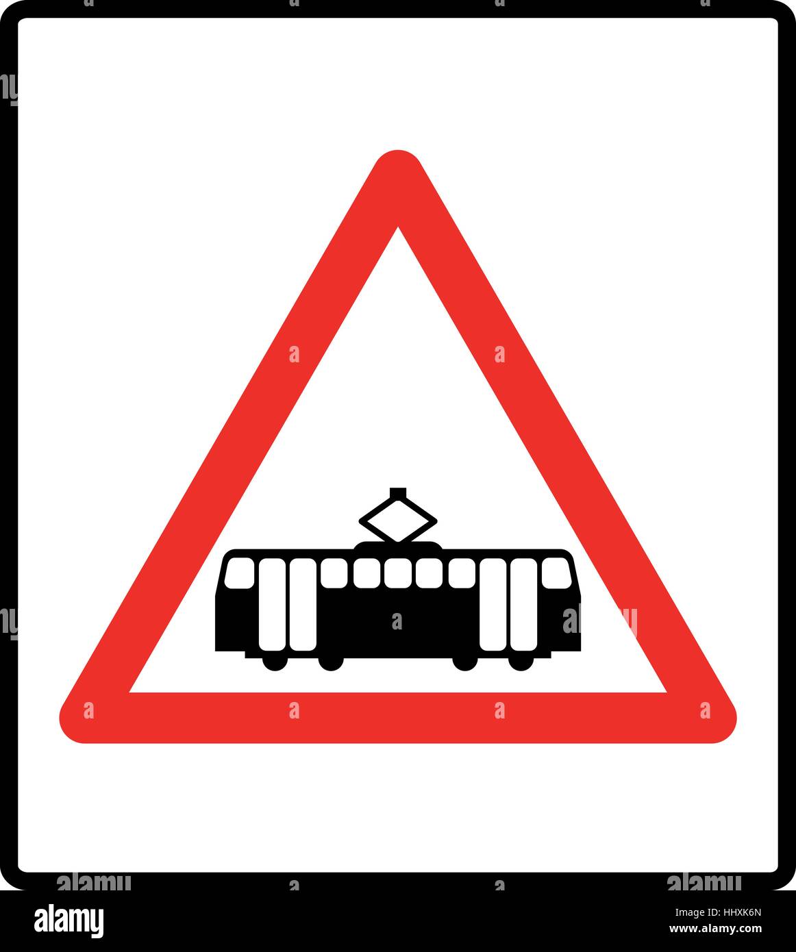 Tram icon in red triangle isolated on white. Tram Vector isolated on ...