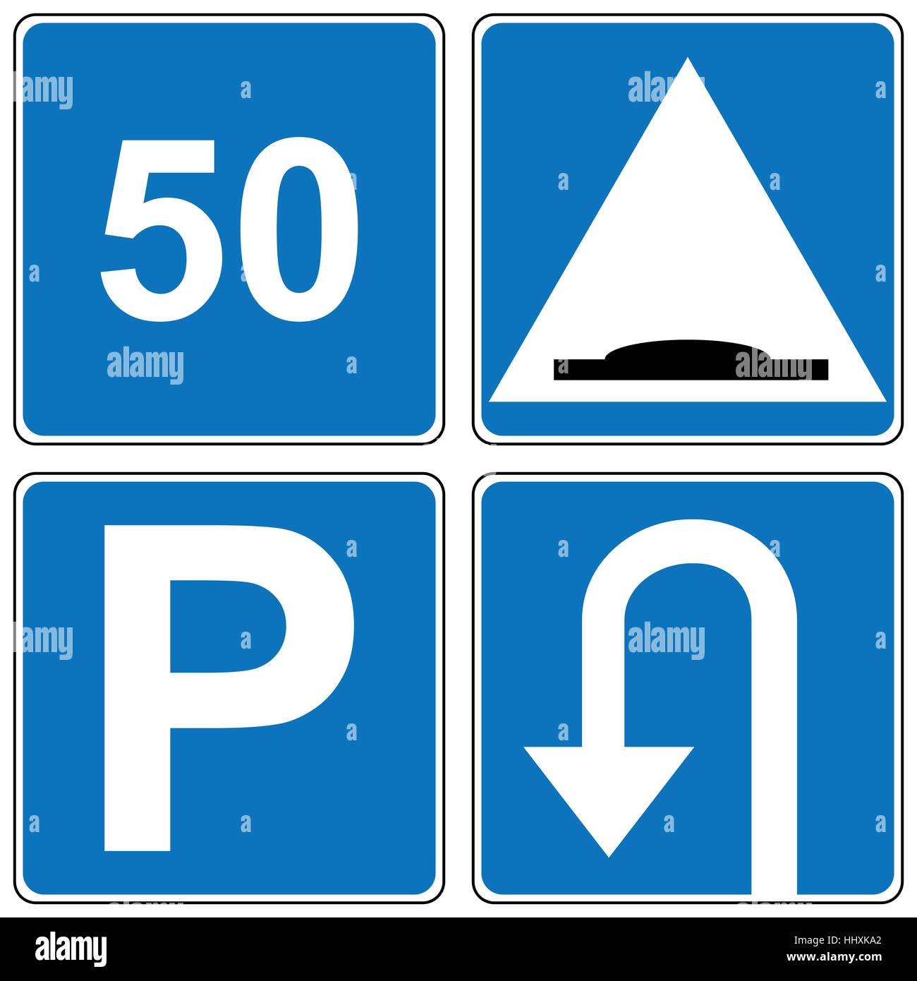 Set of traffic road sign. Speed limit, road hump, parking, U-turn ...
