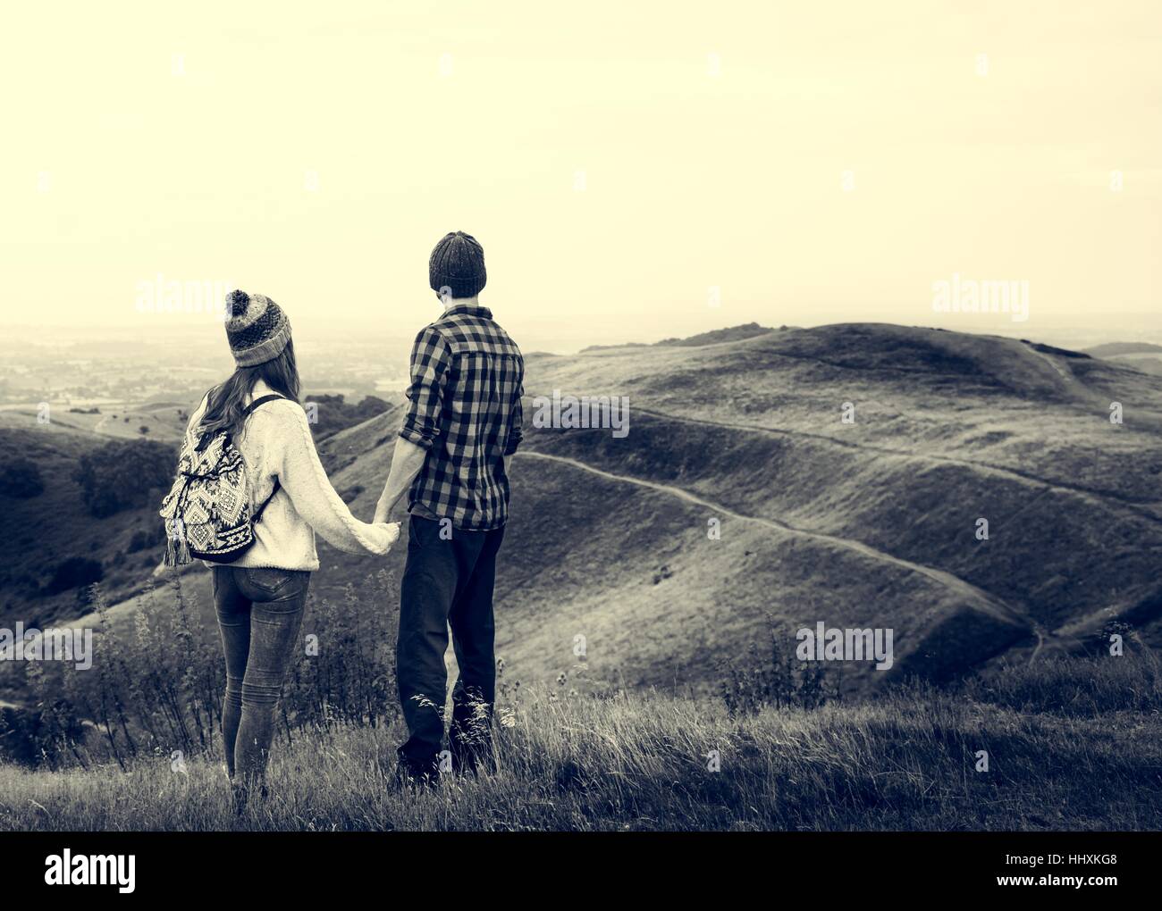 People Rear View Top Mountain Carefree Togetherness Concept Stock Photo ...