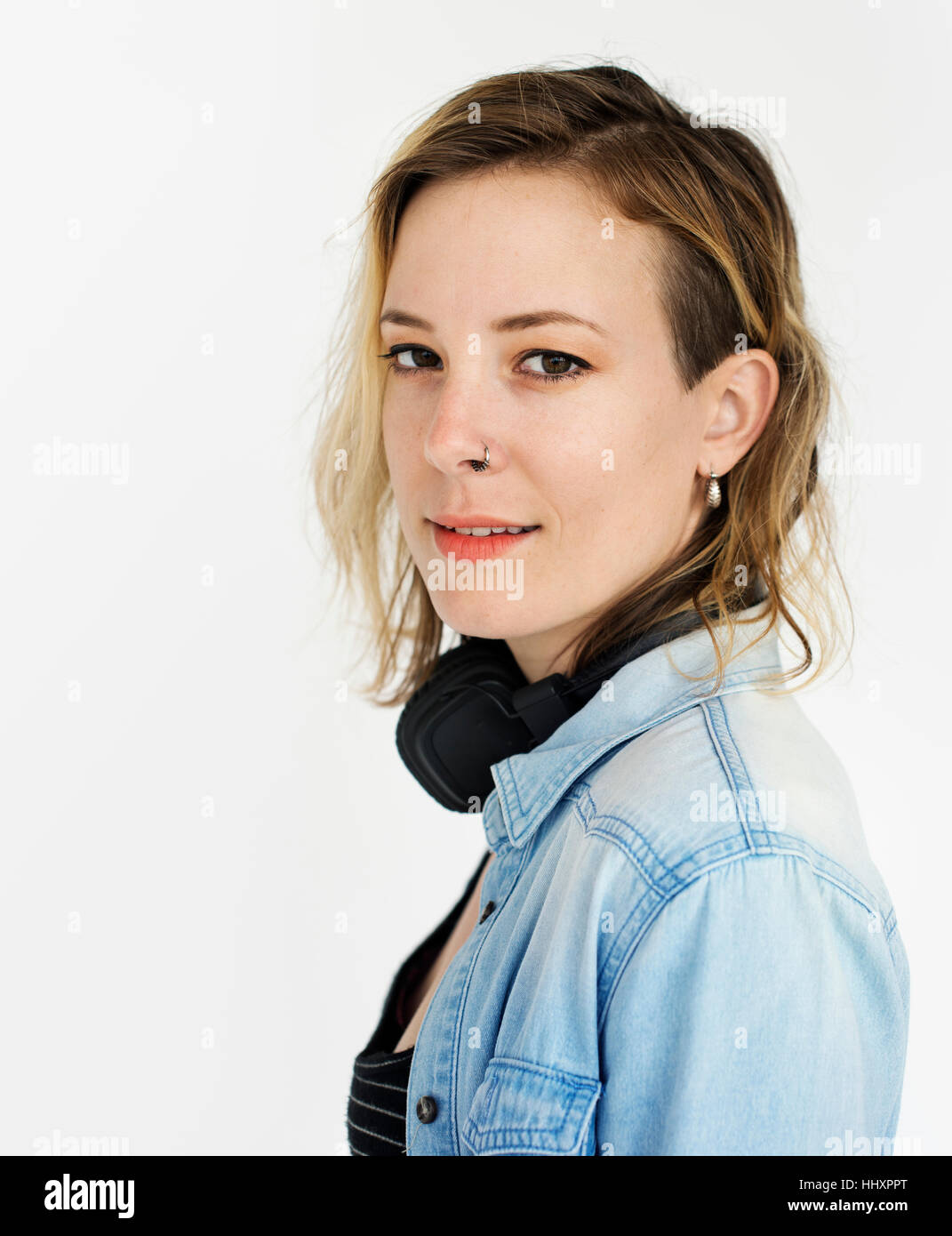 Woman Smiling Happiness Music Entertainment Portrait Concept Stock ...