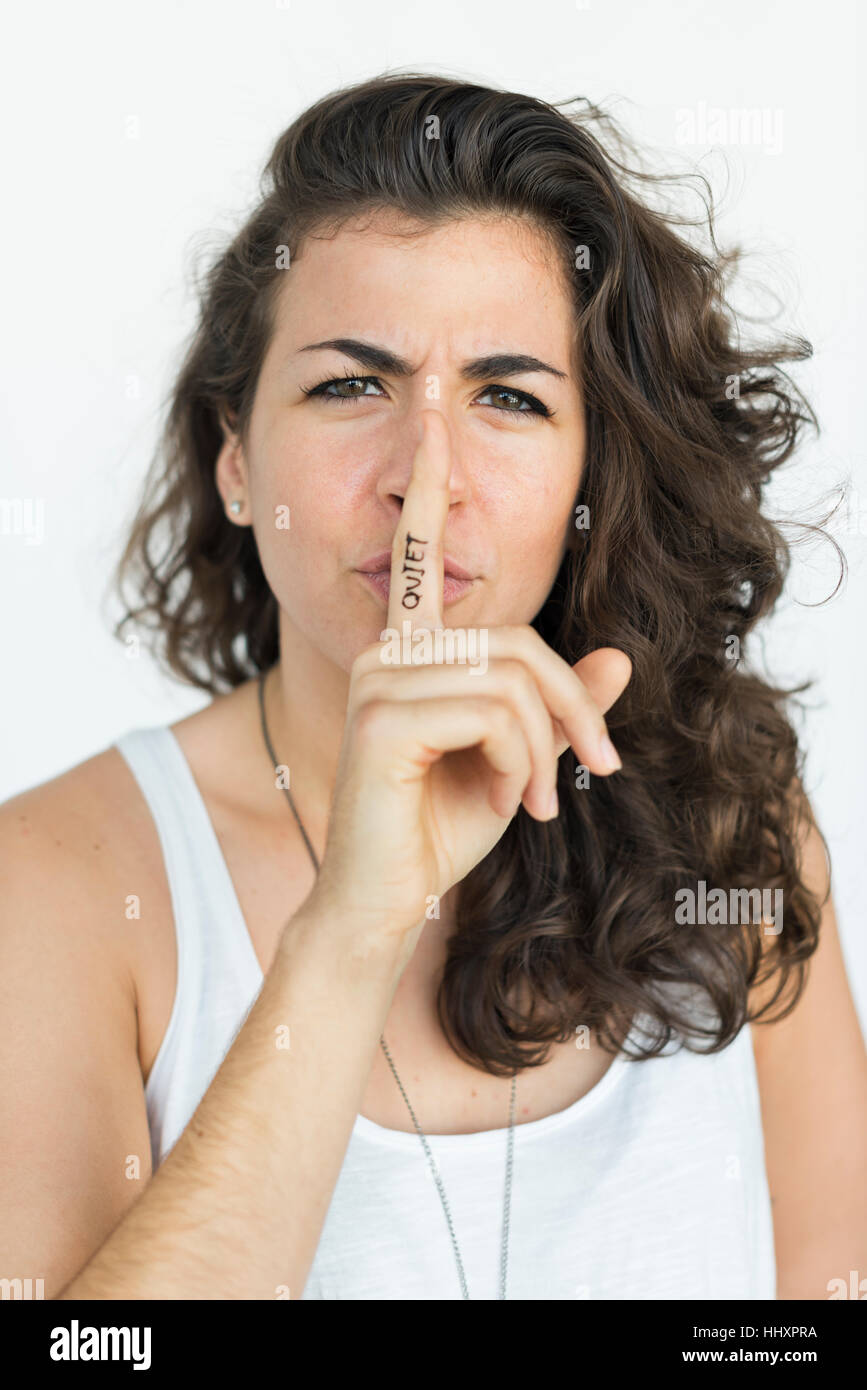 Woman Quiet Shut Up Secret Shh Portrait Concept Stock Photo - Alamy