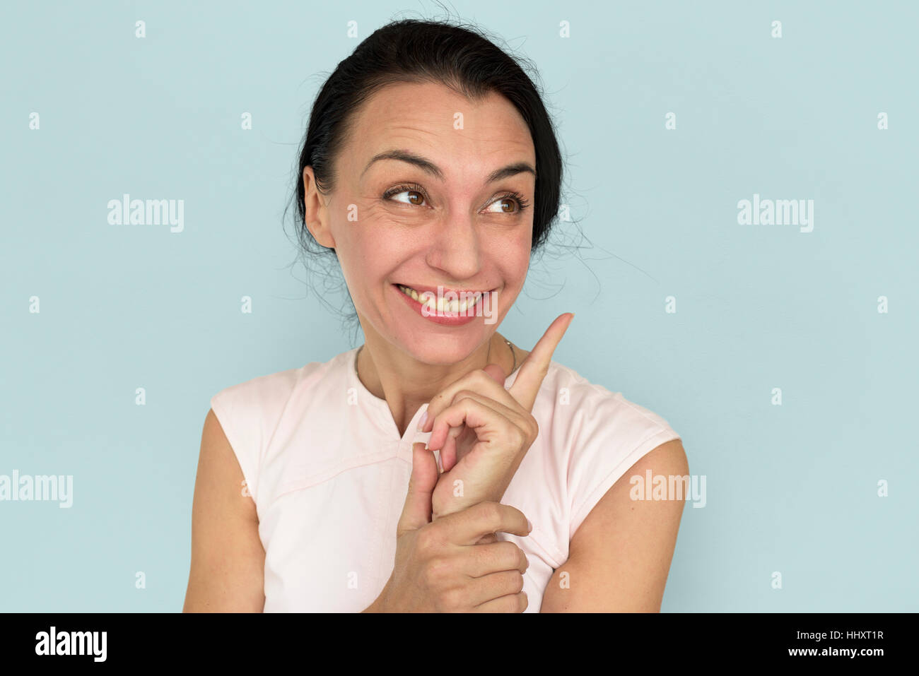 Women Adult Smile Pointing Concept Stock Photo - Alamy