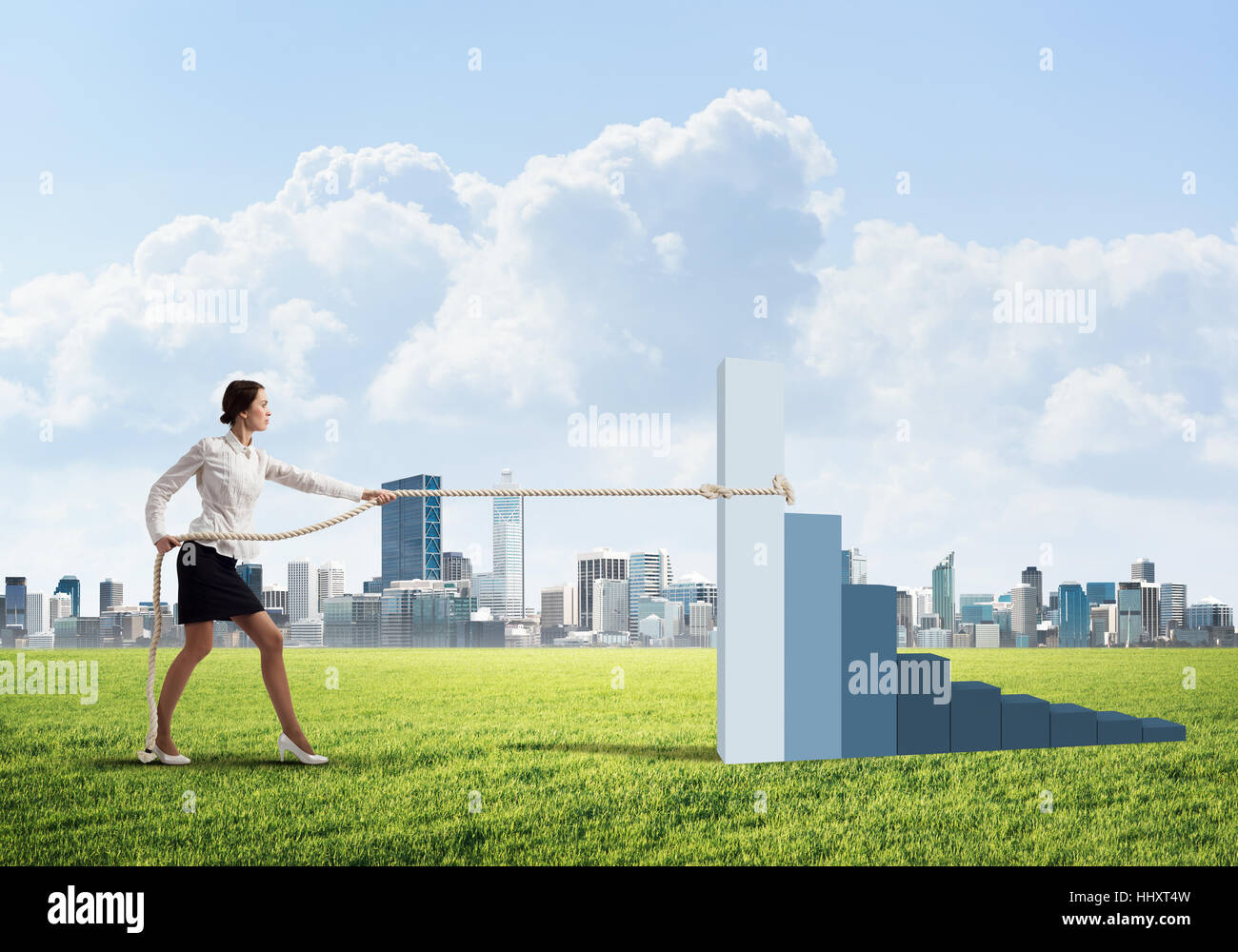 Businesswoman pulling arrow with rope and making it raise up Stock ...