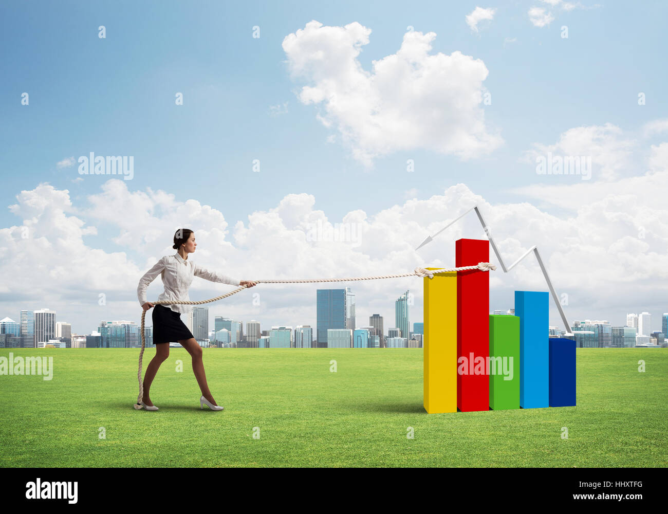Businesswoman pulling arrow with rope and making it raise up Stock ...