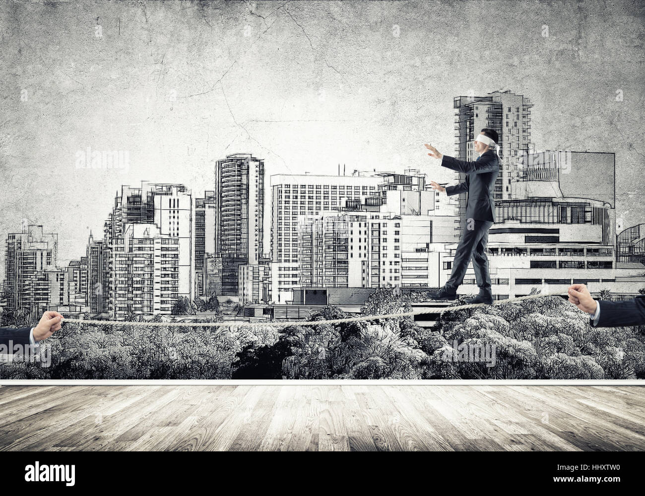 Business concept of risk support and assistance with man balancing on ...