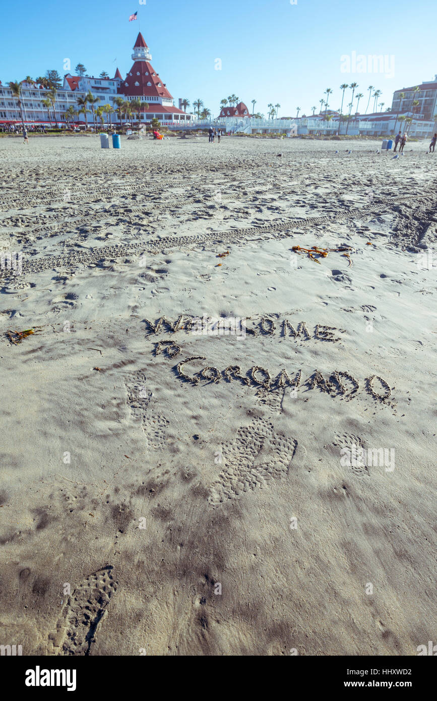 The phrase "Welcome to Coronado" written on the beach. Coronado Central ...