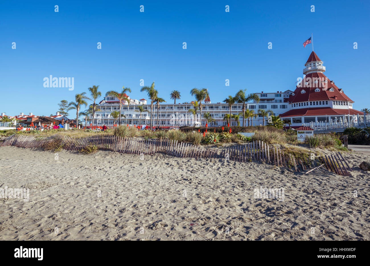 Hotel Del Coronado and Coronado Central Beach on a winter morning ...