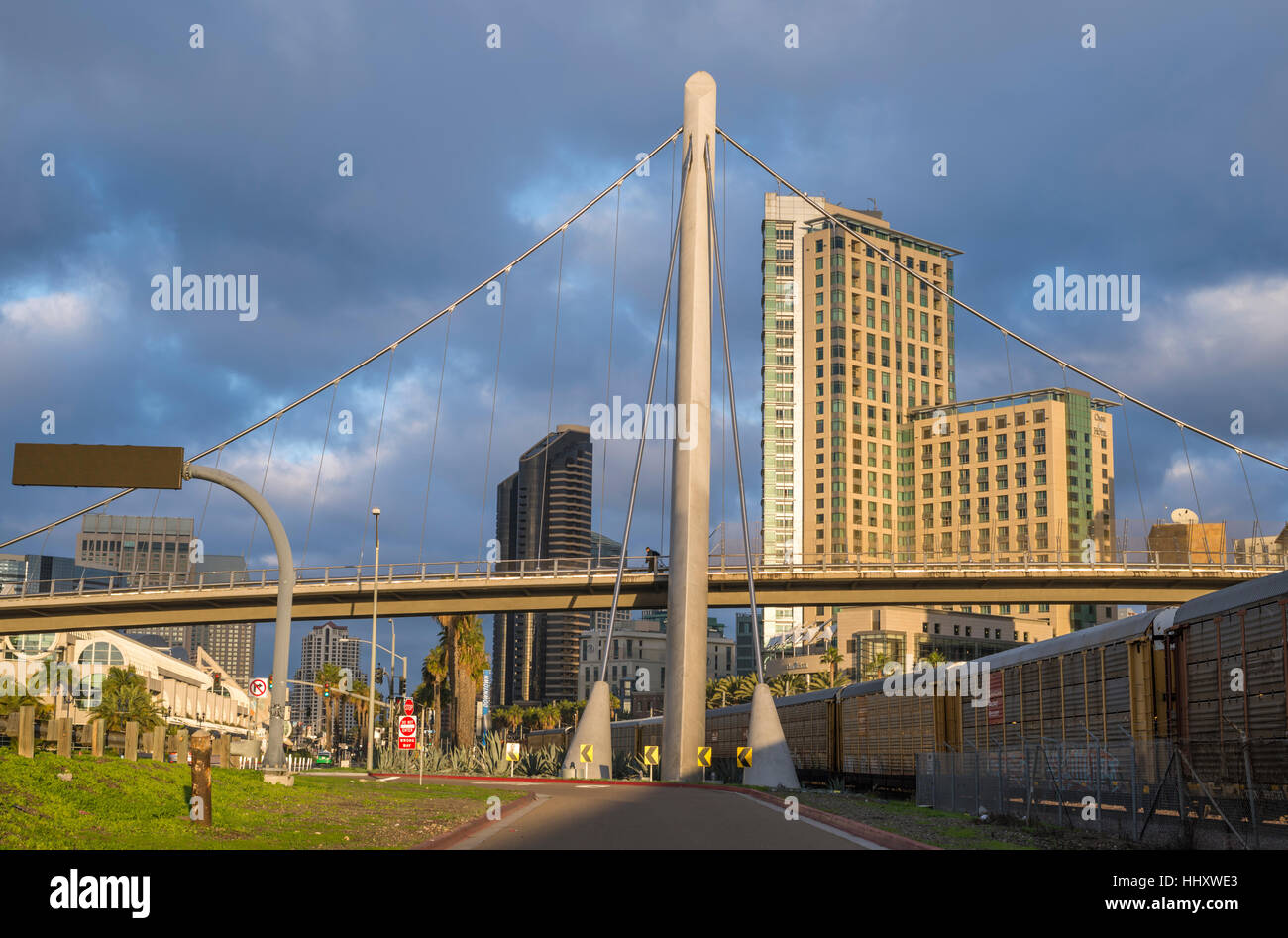 Harbor Drive Pedestrian Bridge and downtown buildings. San Diego ...