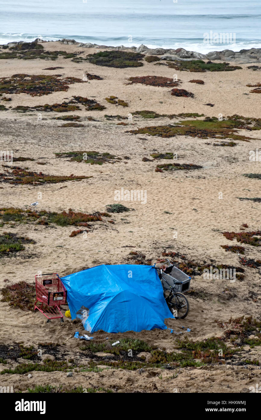 Homeless tent living on the beach, Monterey Bay, California, USA Stock ...