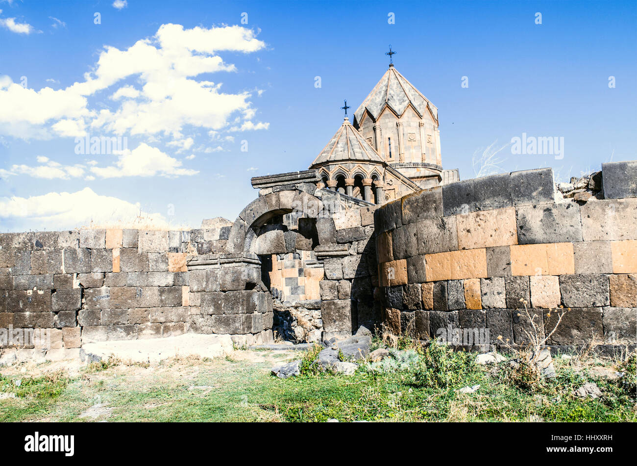 Old wall with oval entrance around the medieval monastery Ohanavank ...