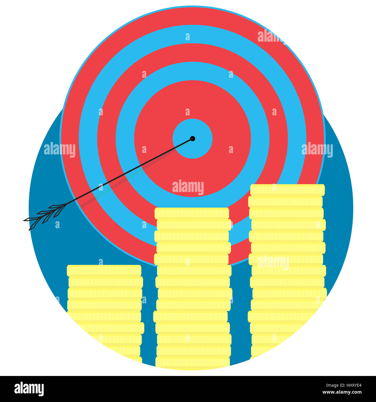 Financial success icon flat. Aim and target, golden coin of stack ...