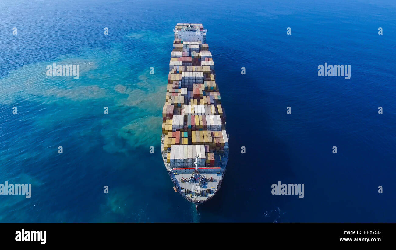 Large container ship at sea - Aerial image Stock Photo - Alamy