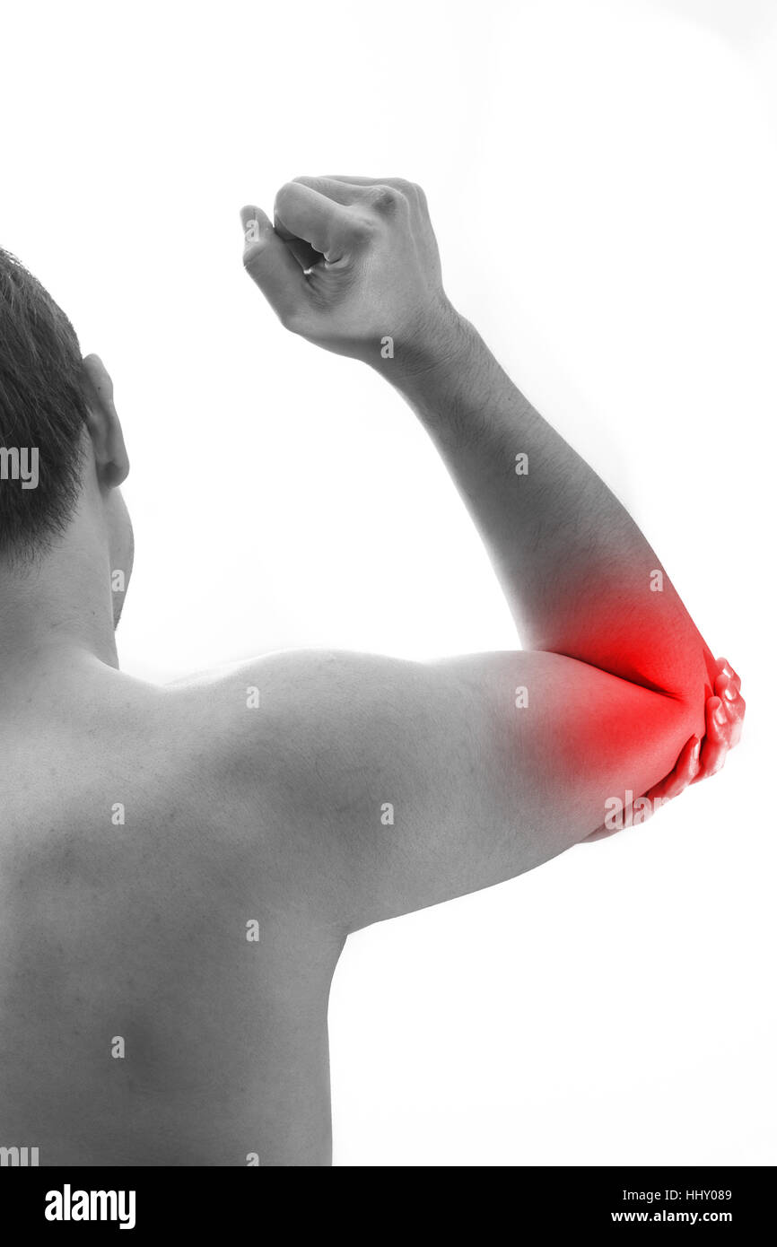 Man elbow pain. Male holding elbow to spot of elbow pain Stock Photo ...