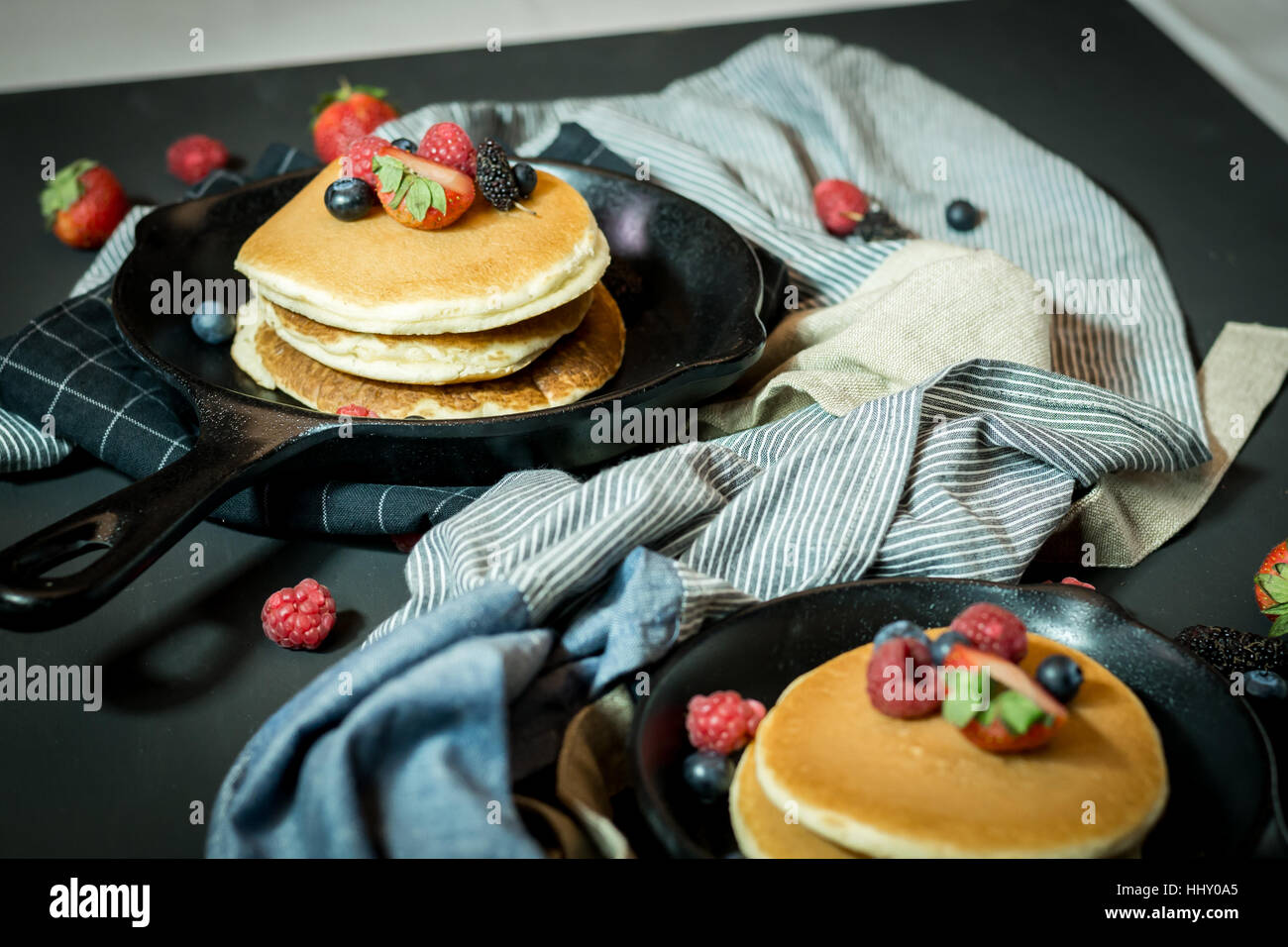 pancake with fresh fruit and berry stack on pan fot breakfast bakery ...