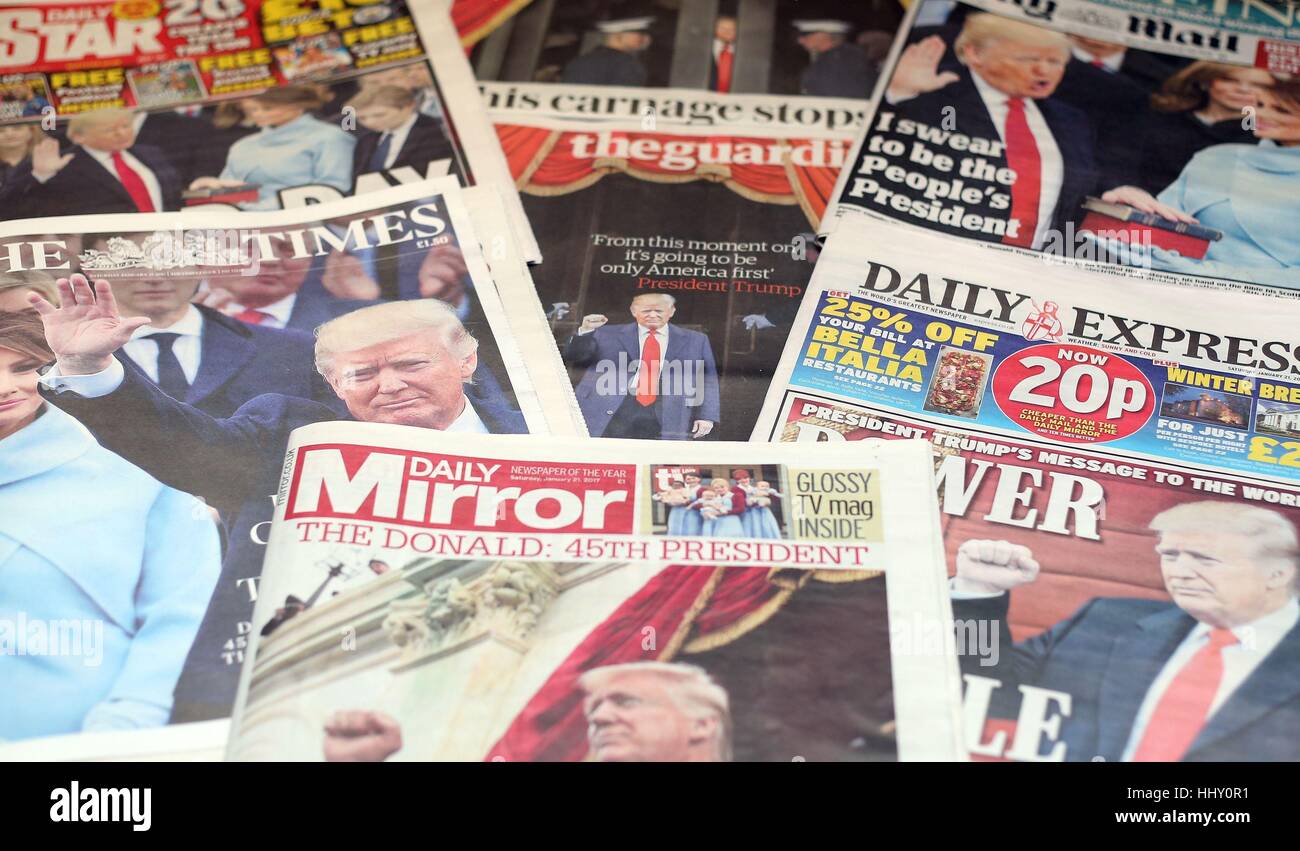 Front pages of national newspapers reporting on the inauguration of US ...
