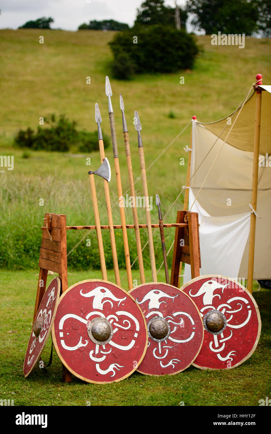 Three ancient british shields and pikes Stock Photo - Alamy