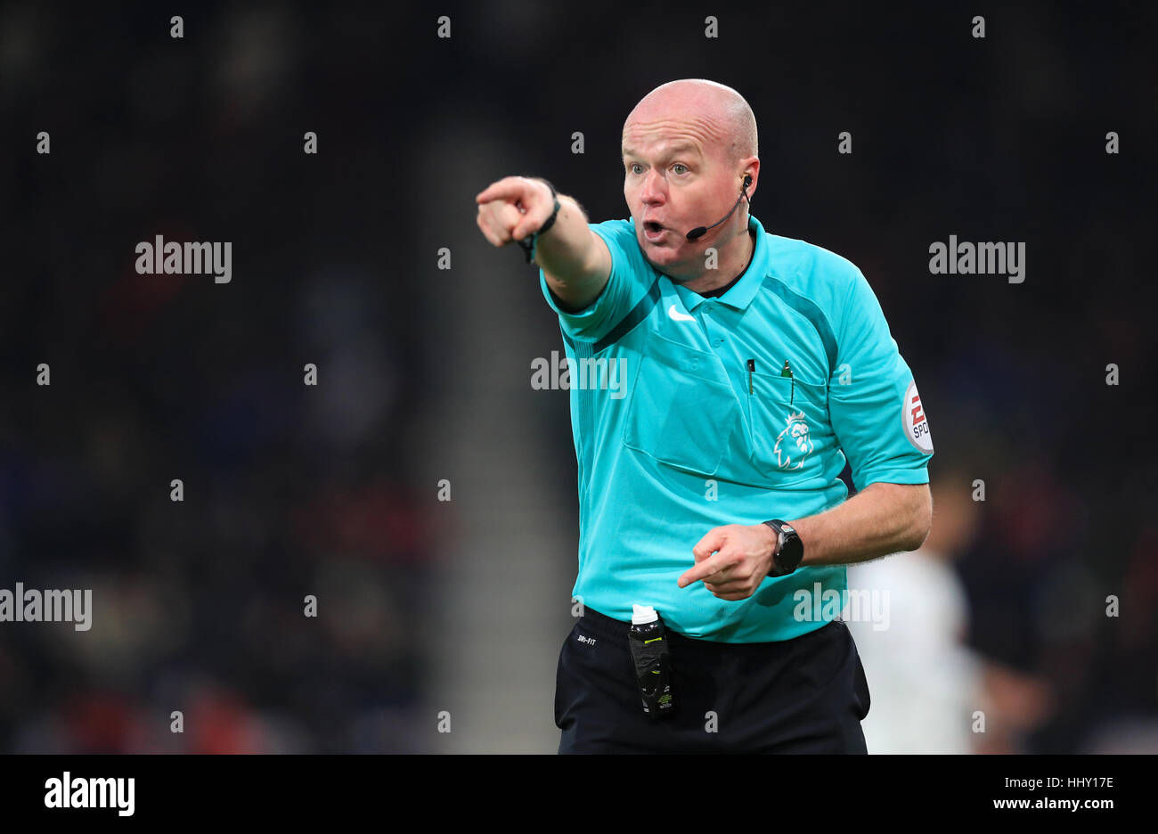 Referee Lee Mason gestures during the Premier League match at the ...