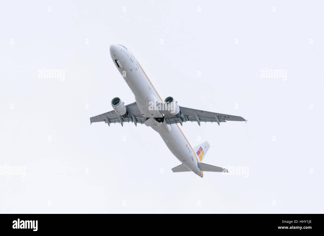 Aircraft Airbus A321, of Iberia airline, is taking off from Madrid-Barajas Adolfo Suarez airport ...