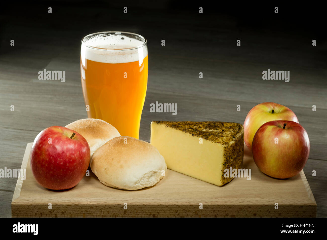 Ploughman's lunch with Hereford Hop cheese, a glass of beer, apples and ...