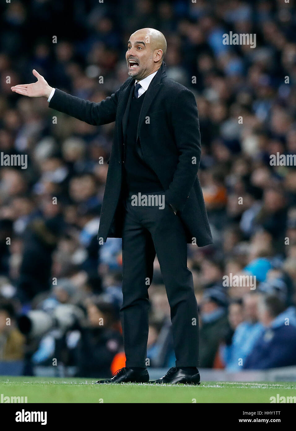 Manchester City manager Pep Guardiola gestures on the touchline during ...