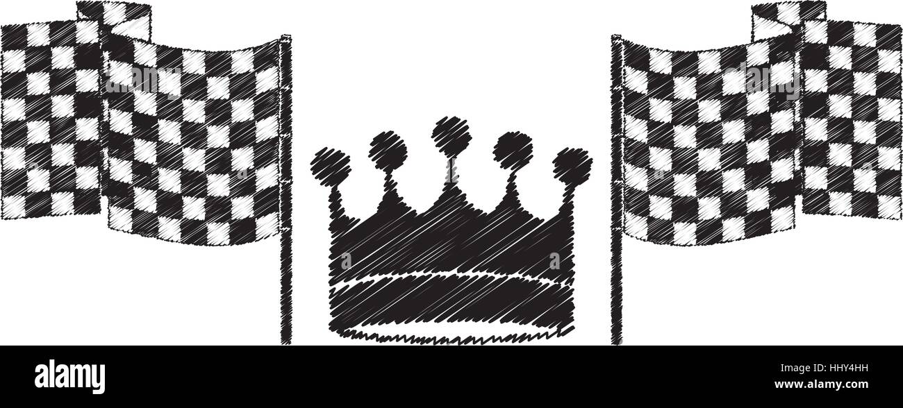 drawing monochrome to striped of racing flags and crown vector ...