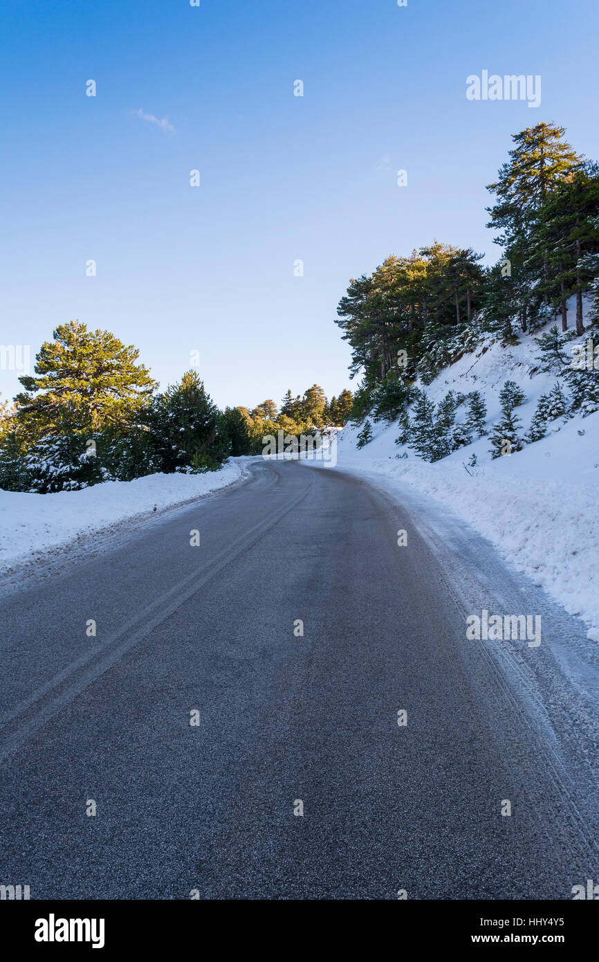Road in Ziria mountain on a winter day, Korinthia, South Peloponnese ...