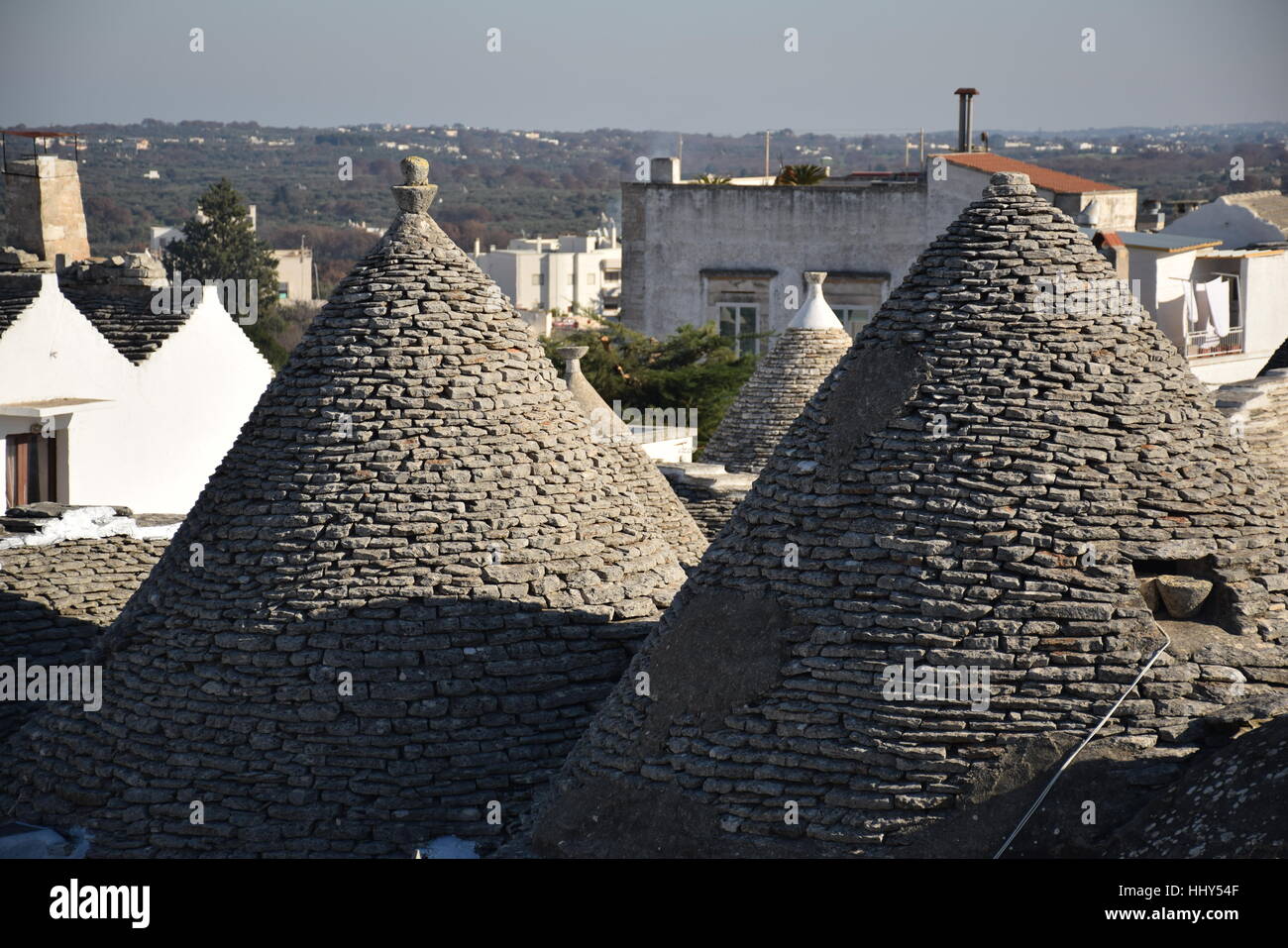 Aerial view of the beautiful town of Alberobello with the traditional ...
