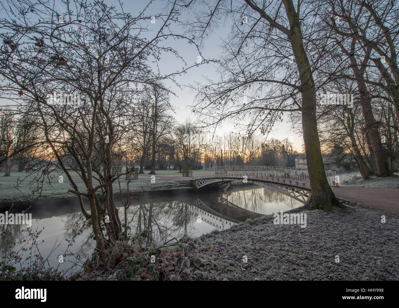 River Wandle in frosty Merton Hall Park before dawn on 22nd January ...