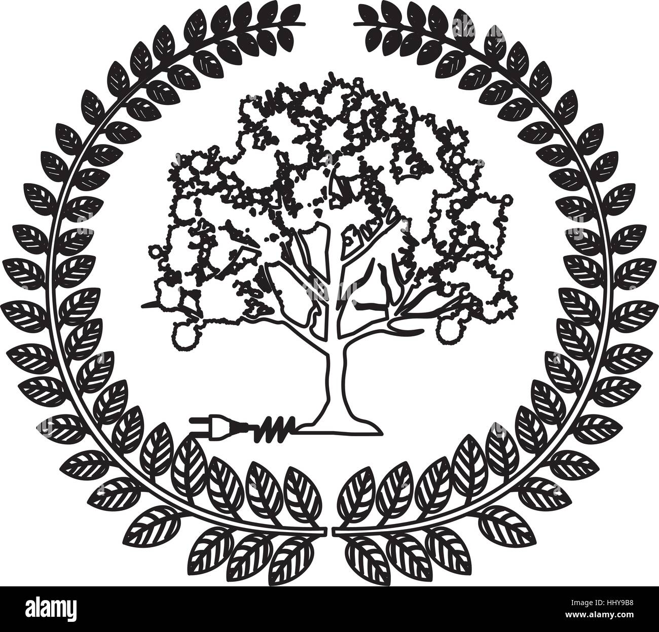 silhouette ornament leaves with tree and plug connector vector ...
